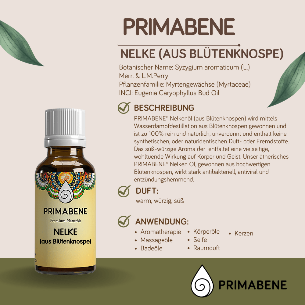 Bene Naturalproducts | PRIMABENE® Nelkenöl aus Nelkenknospen | 100% ätherisches Öl